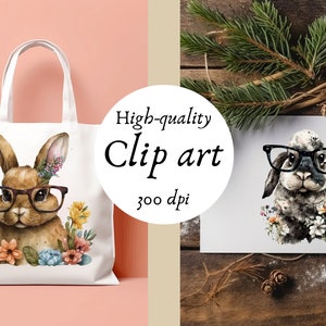 Cute Bunnies in Glasses Clip Art Funny Bunny Design Bundle Watercolor ...