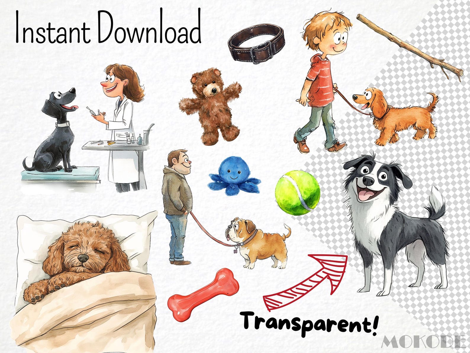 Funny Dog Life Watercolor Clipart, 68 PNG, Puppy Cartoon (digital ...