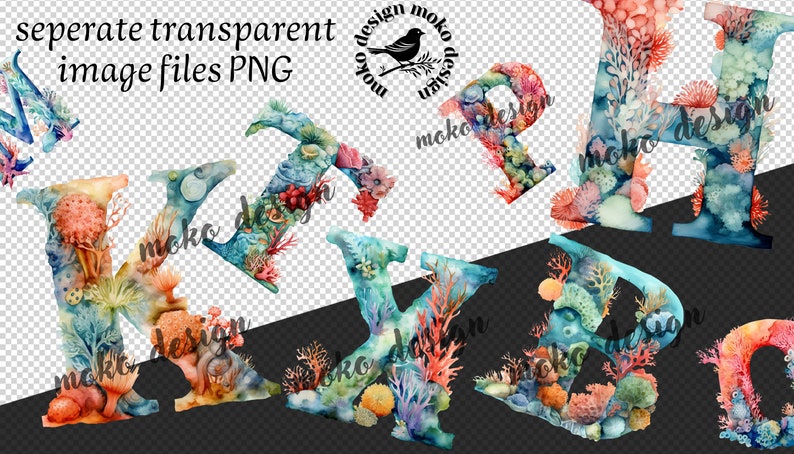 Watercolor Coral Reef Alphabet Clipart, Nautical Ocean Letters (digital ...