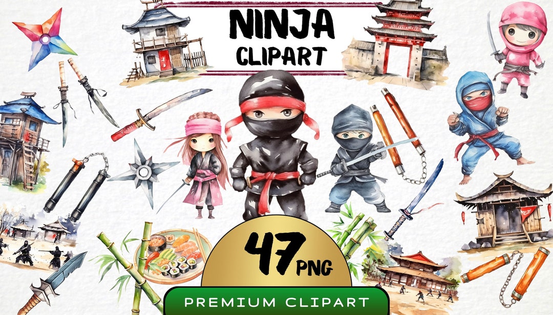 Cute Ninja Watercolor Clipart, 47 Ancient Japanese Warrior Ninja ...