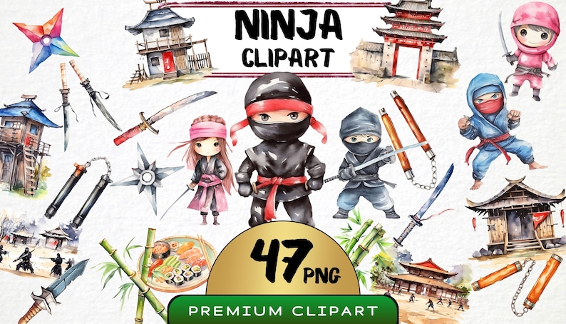 Cute Ninja Watercolor Clipart, 47 Ancient Japanese Warrior Ninja ...
