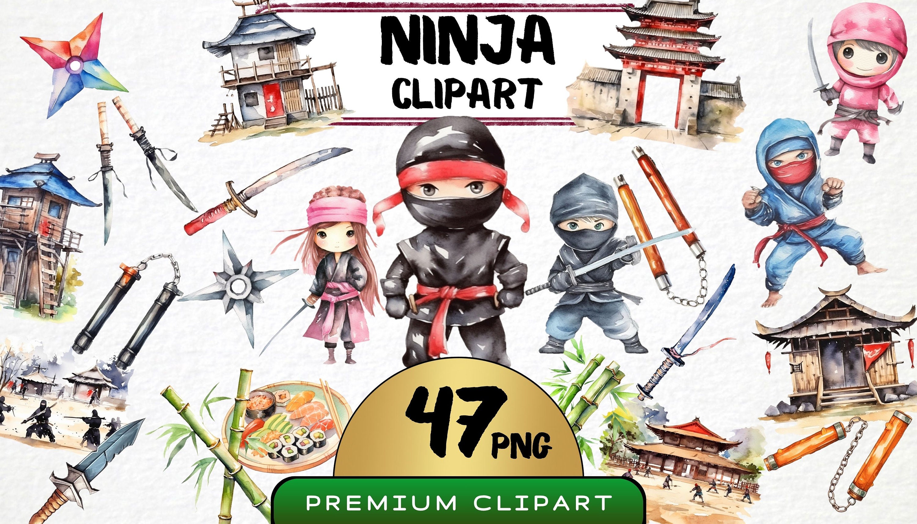 Cute Ninja Watercolor Clipart, 47 Ancient Japanese Warrior Ninja ...