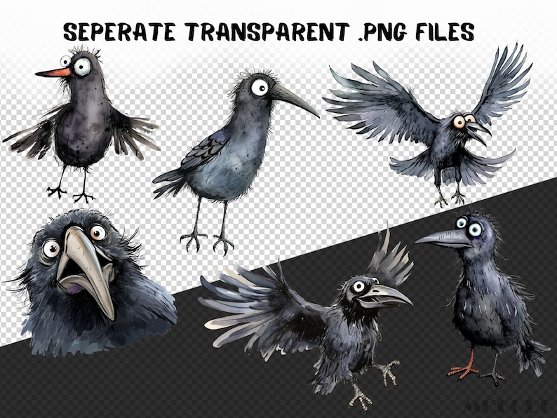 Funny Crows Watercolor Clipart, Caricature Birds (PNG Digital Prints ...