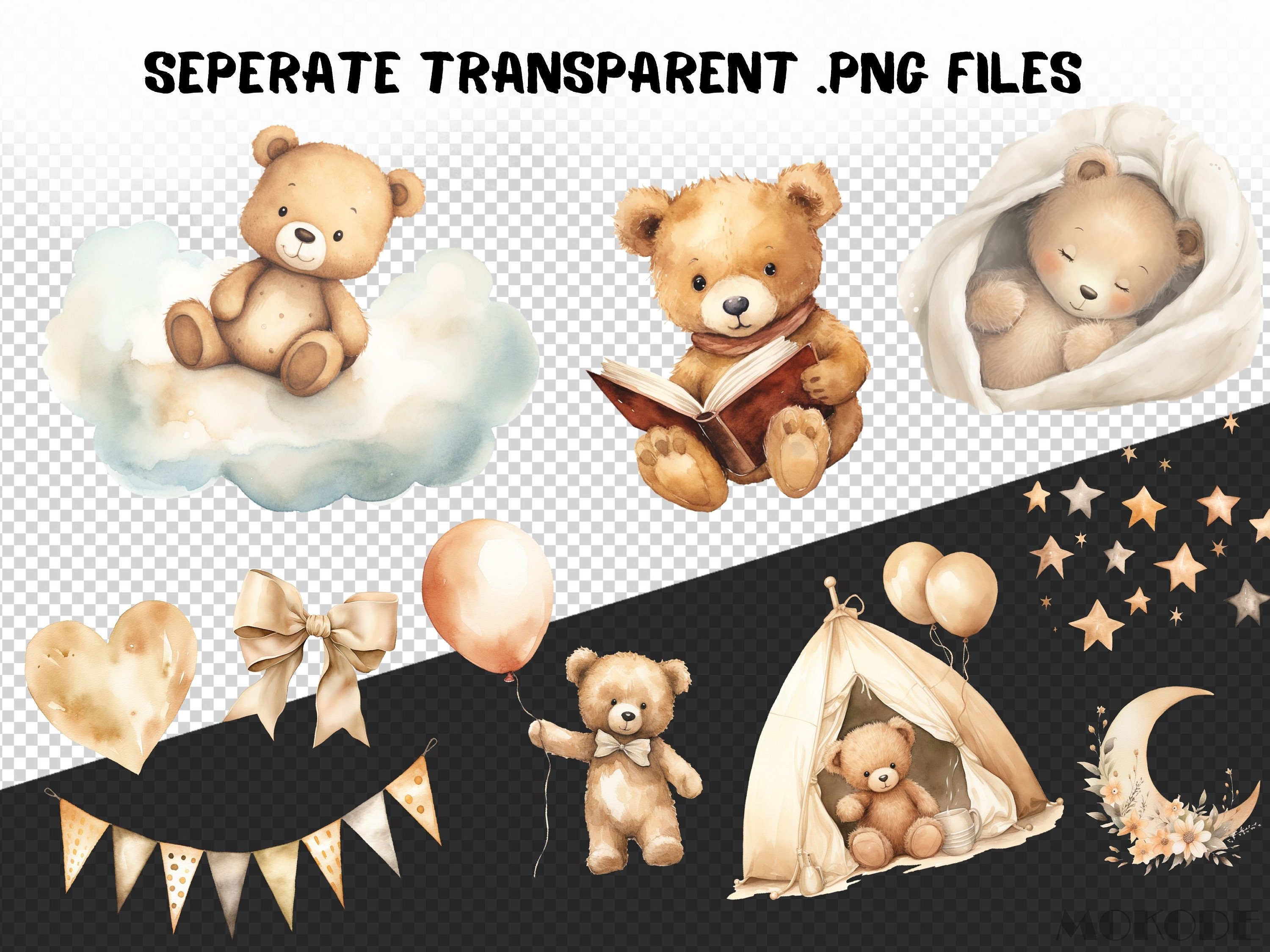 Watercolor Teddy Bear Clipart, Beige Nursery Art (41 PNG) - Etsy