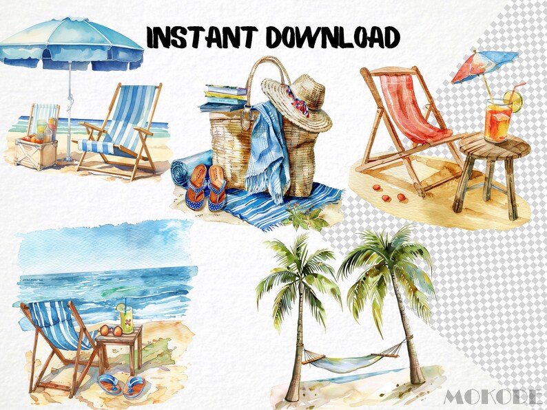 Watercolor Beach Clipart, Summer Vacation, Palm Trees (PNG Digital ...