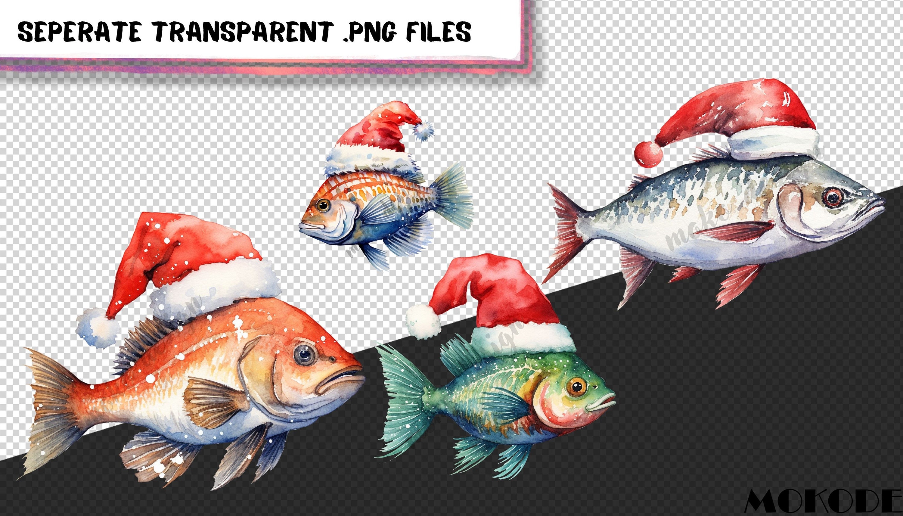 Christmas Funny Fish Clipart, Set of 8, Watercolor Festive Animals ...