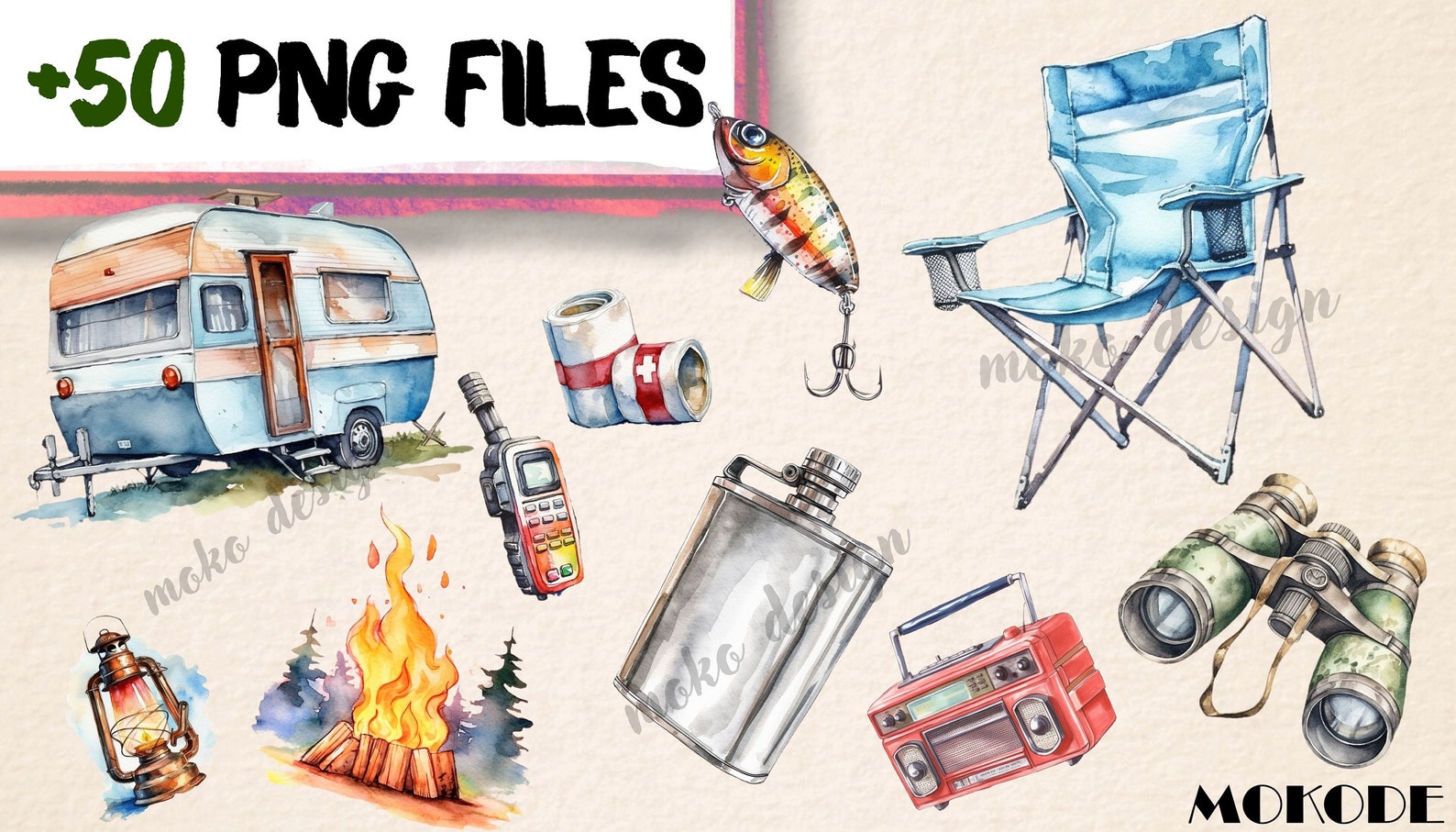 Camping Adventure Clipart Bundle, Set of 50, Watercolor Camping Item ...