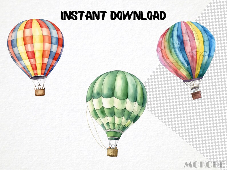 Watercolor Hot Air Balloon Clipart, Sky Travel PNG (digital Download ...