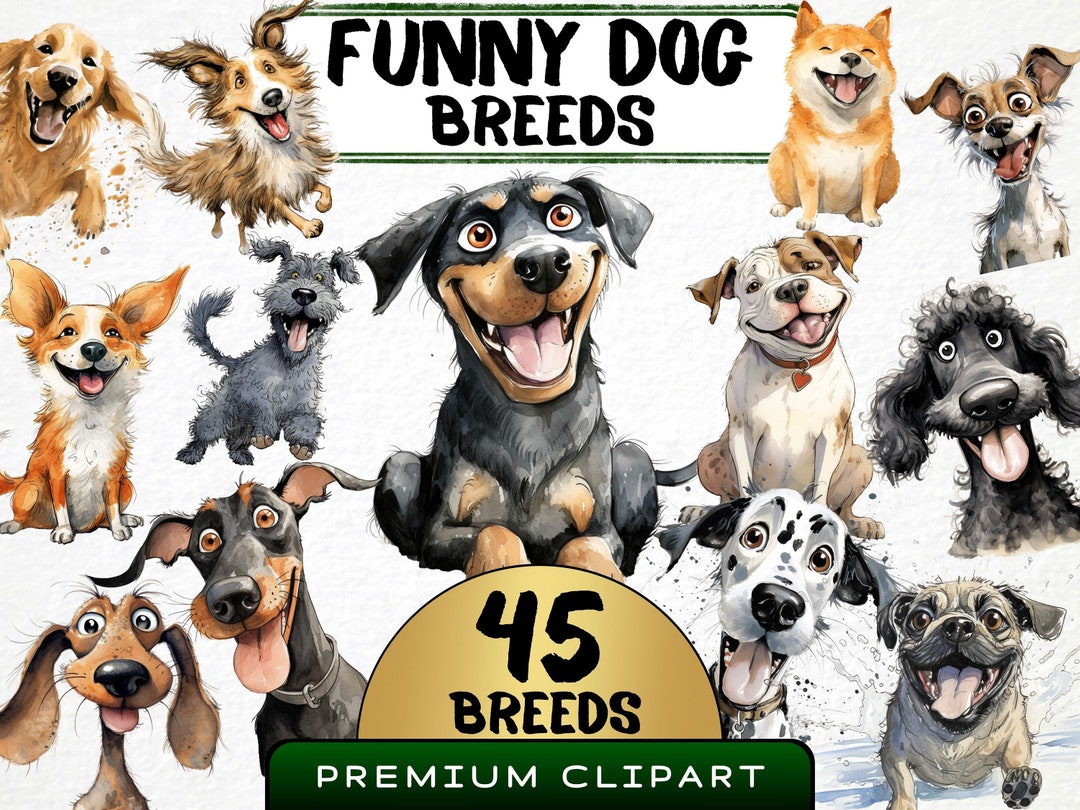 Funny Dog Breeds Clipart, Watercolor Caricature Puppies (digital ...