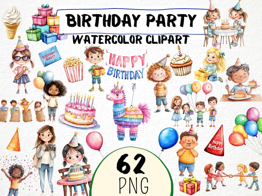 Watercolor Kids Birthday Party Clipart 62 Png, Cartoon Birthday Balloon ...