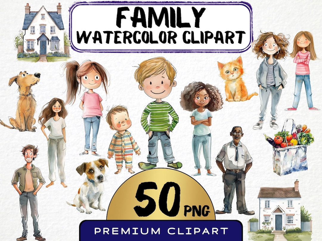Watercolor Family Clipart 50 Png, Kids Graphics, Mom and Dad ...