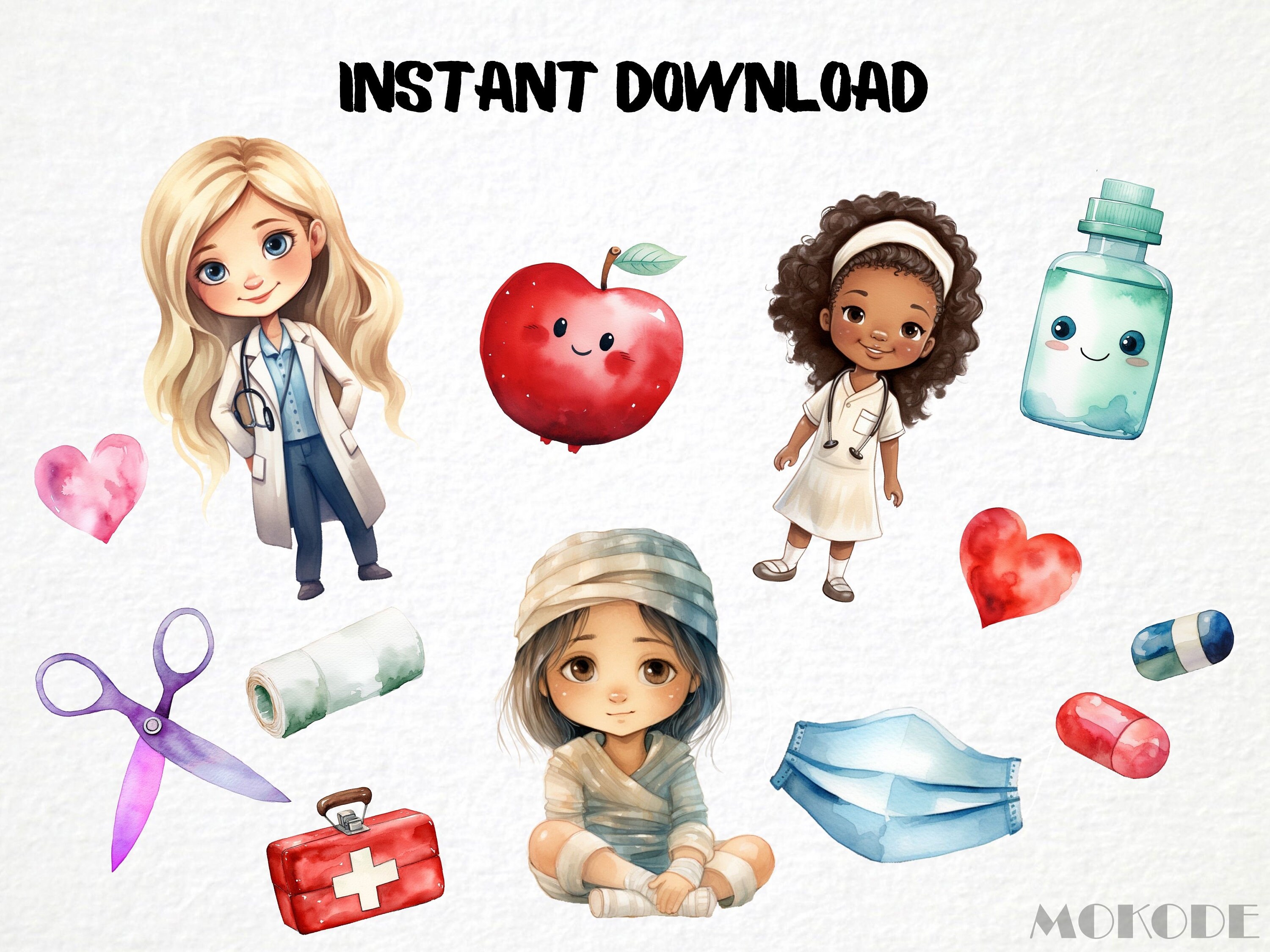 Watercolor Doctor and Nurse Clipart, 40 Png, Medical Clipart ...