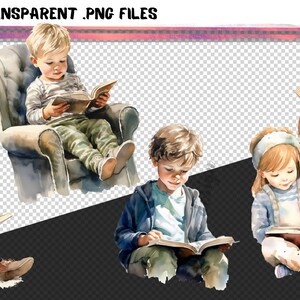 Kids Reading Watercolor Clipart, Set of 24, Nursery Bookworm Graphics ...