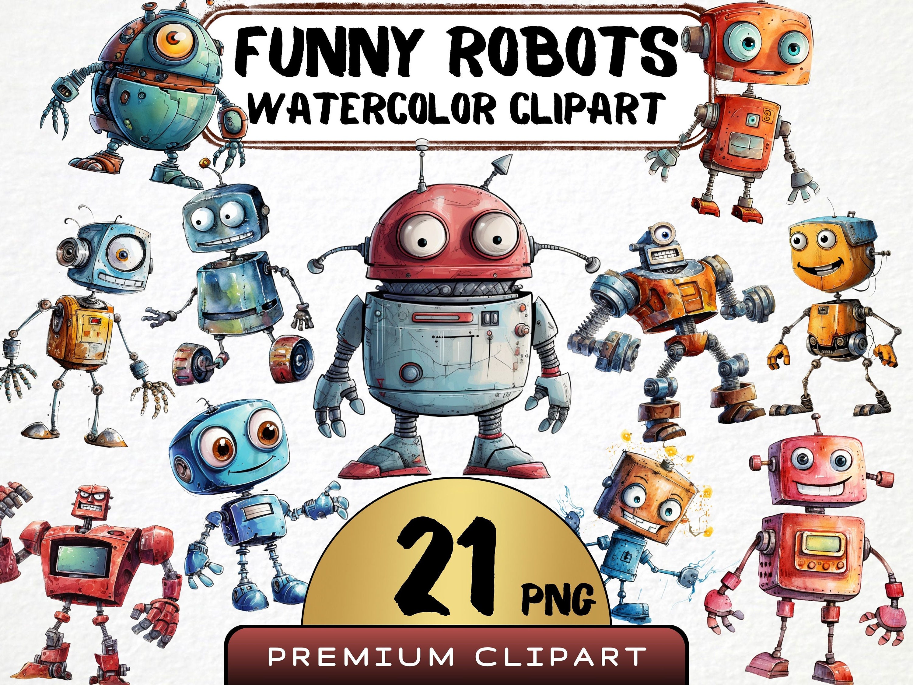Funny Robot Clipart 21 Png, Cute Caricature Bots Watercolor, Droids ...