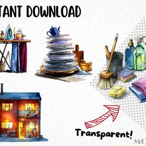 Watercolor Housekeeping Clipart, Household Chores, Laundry (commercial ...