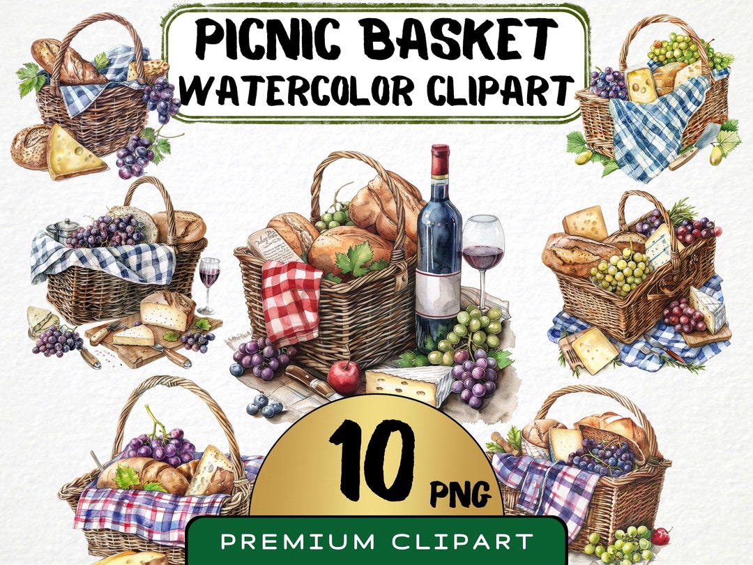 Watercolor Picnic Basket Clipart 11 Png, French Food Graphics, Summer ...