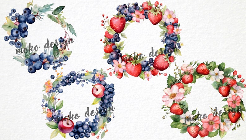Watercolor Fruit Wreath Clipart: Summer Fruits, Berries (PNG Digital ...