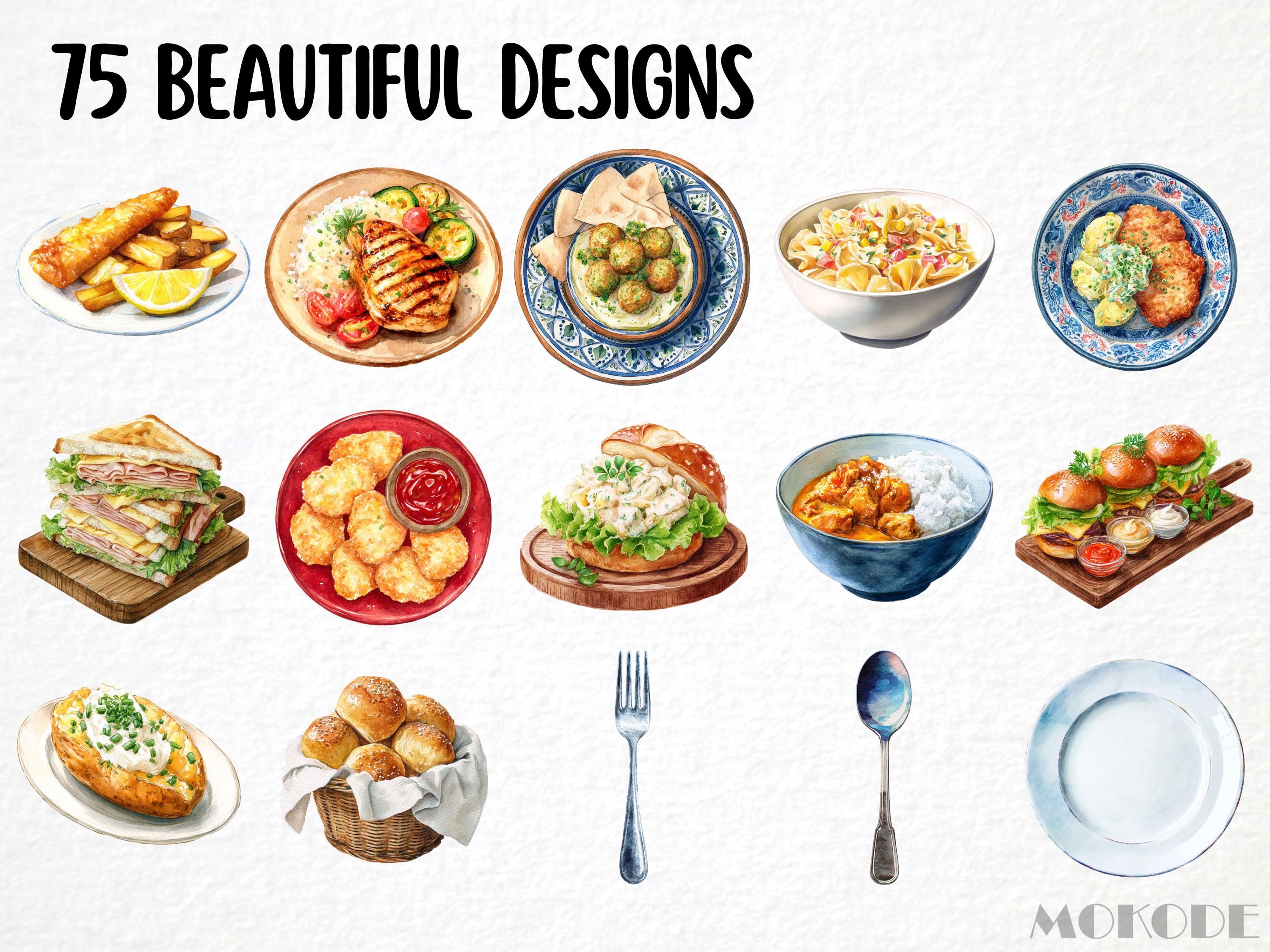 Lunch Time Clipart 75 PNG, Watercolor Food Illustration, Realistic Meal ...