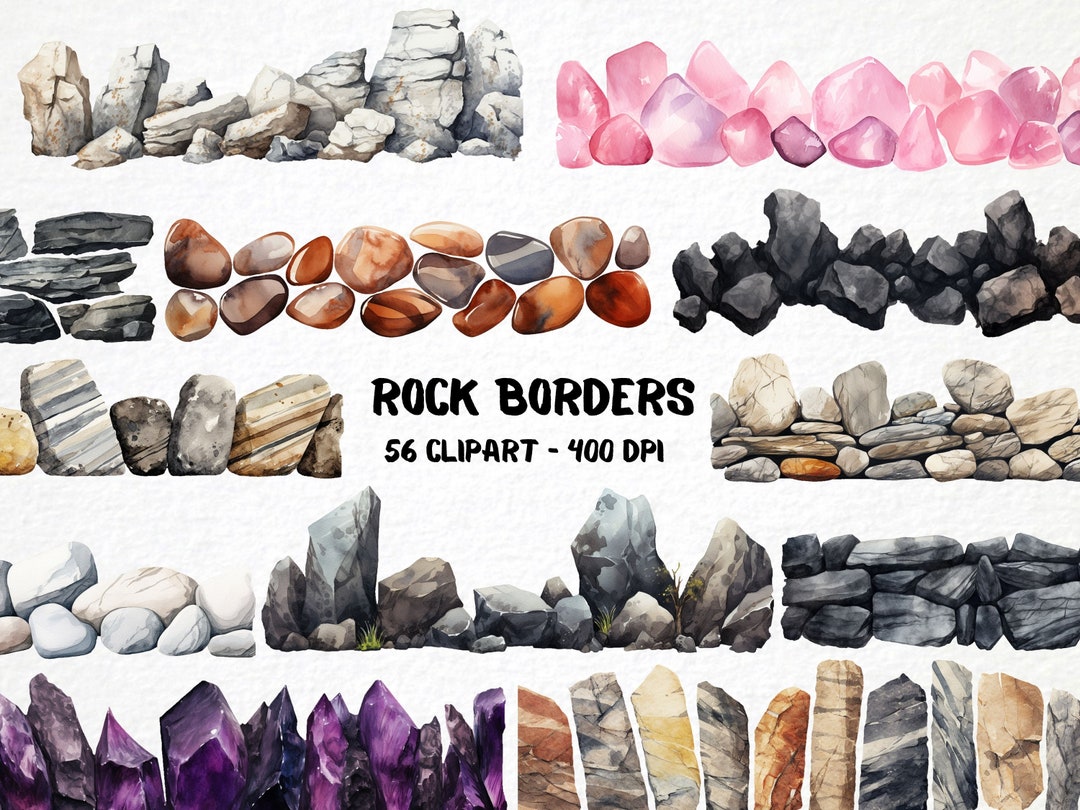 Watercolor Rock Borders - 56 Clipart Bundle, DIY Stone Graphics ...