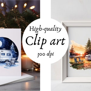 Van Life Campers Clipart, Set of 35, Watercolor Cute Caravan Camping ...