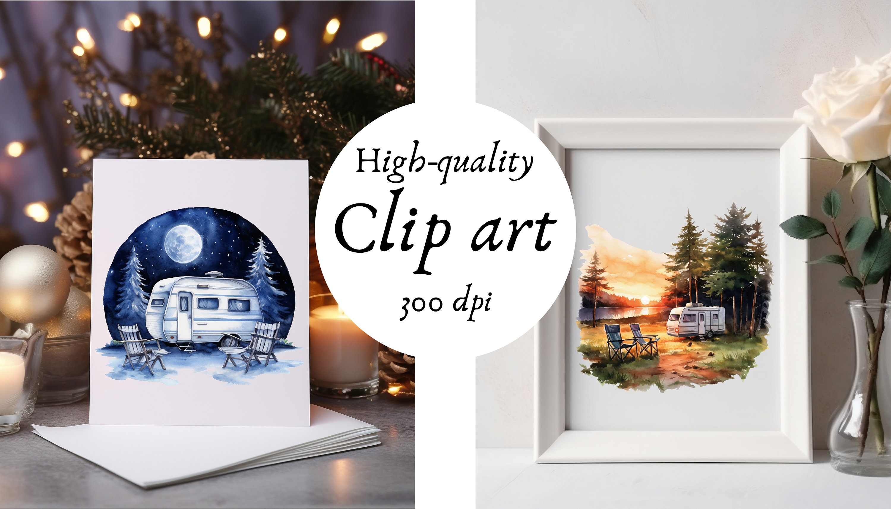 Van Life Campers Clipart, Set of 35, Watercolor Cute Caravan Camping ...