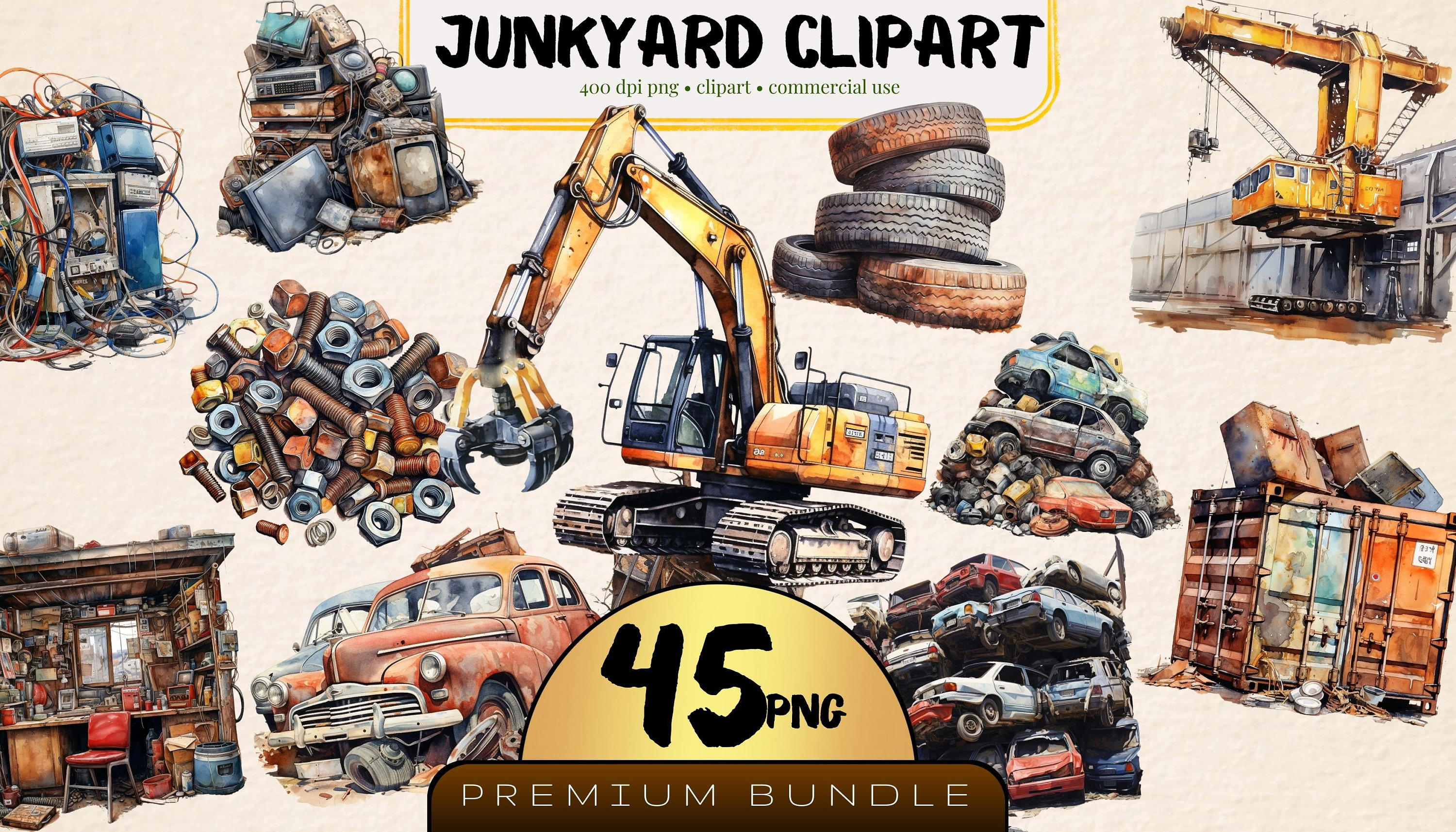 Junkyard Clipart Bundle Scrap Metal Graphics, Set of 45, Excavator Png ...