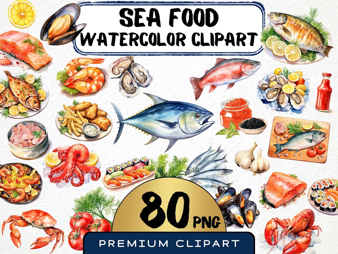 Watercolor Sea Food Clipart 80 Png, Fish Fillet Graphics,salmon Clipart ...