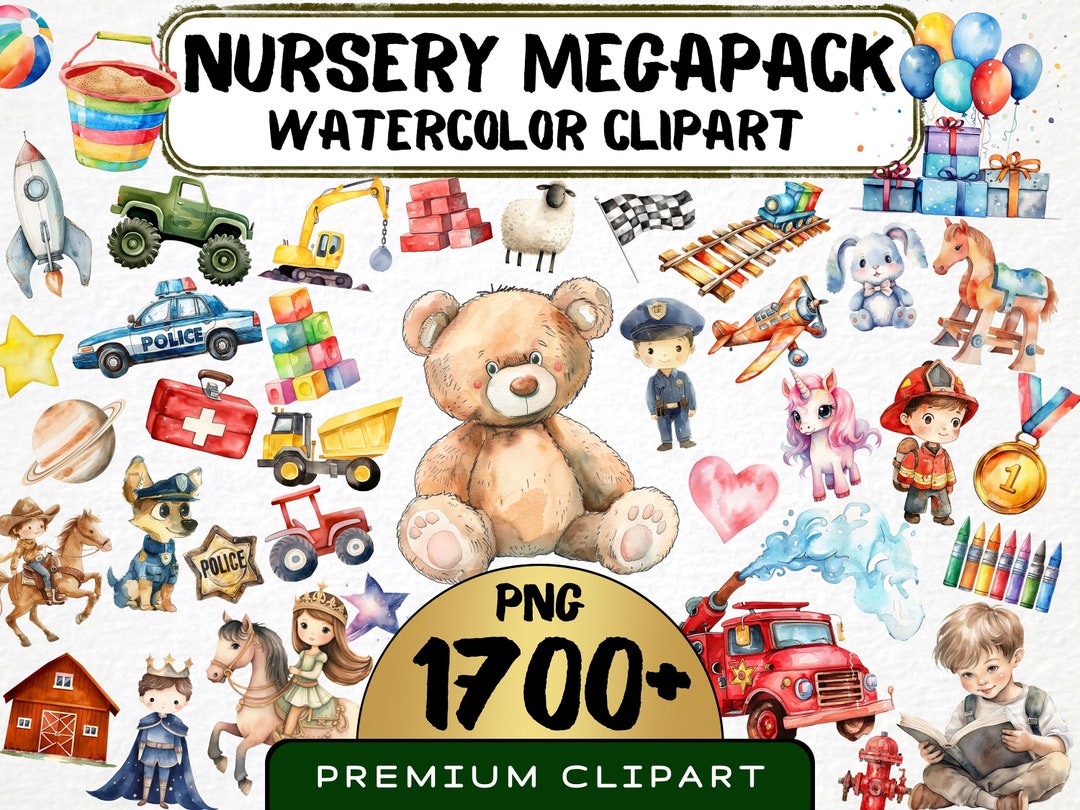 Nursery Megabundle Clipart, Watercolor Toddler Toy Graphics, Playtime ...