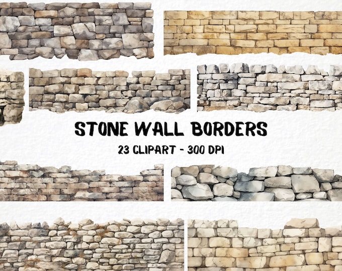 Watercolor Stone Wall Borders 23 Png Clipart Bundle, DIY Graphics ...