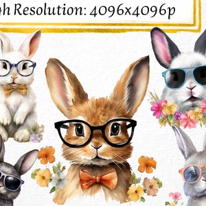 Cute Bunnies in Glasses Clip Art Funny Bunny Design Bundle Watercolor ...