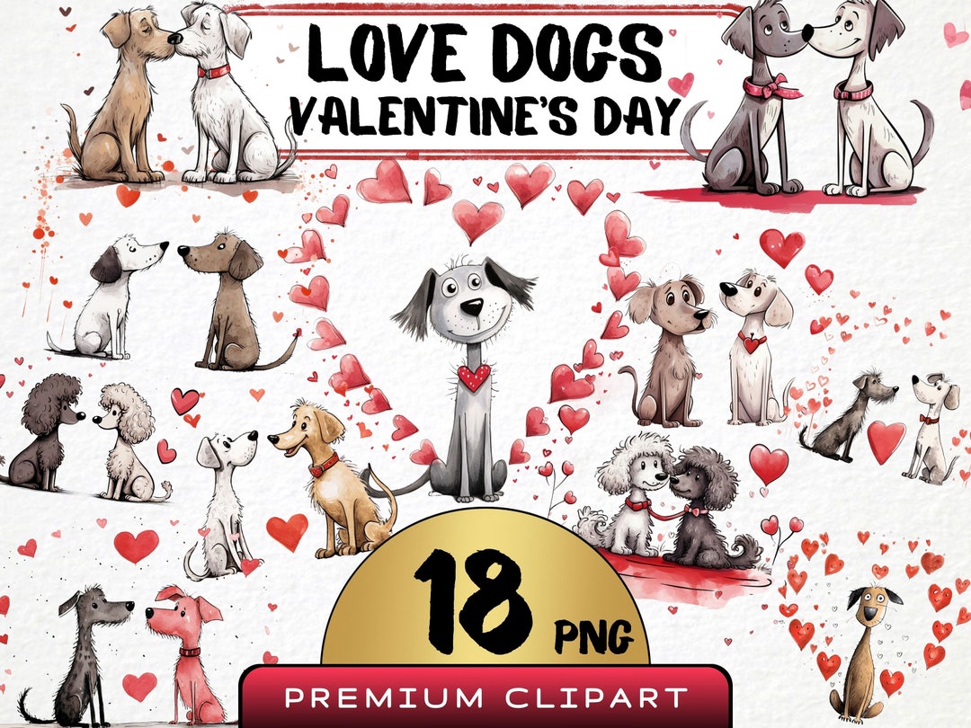 Valentine's Cute Dogs Clipart Bundle, 18 PNG, Valentine's Day Love ...