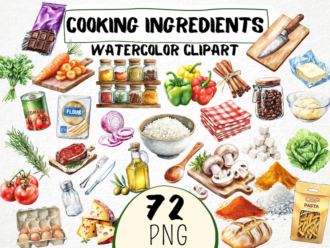 Watercolor Cooking Ingredients Clipart 72 Png, Baking Graphics, Kitchen ...