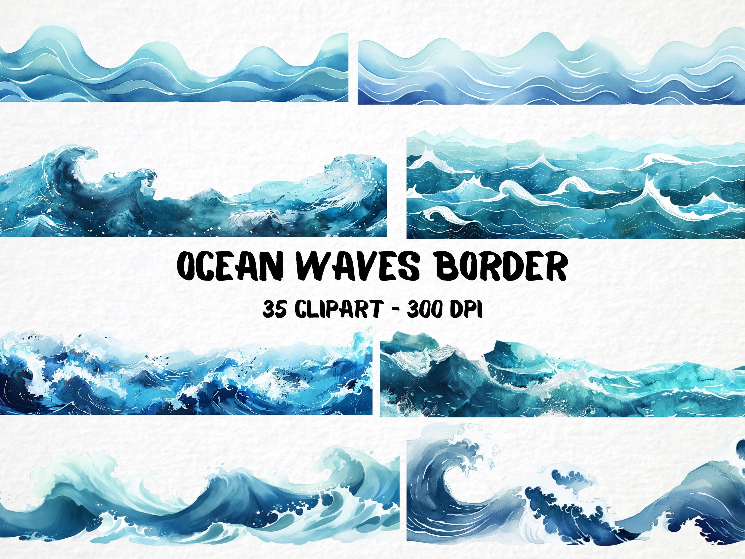 Ocean Wave Border Watercolor Water Wave Clipart, Blue Waves Clip Art,