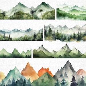 Watercolor Mountain Borders - 65 Clipart Bundle, DIY Nature Graphics ...