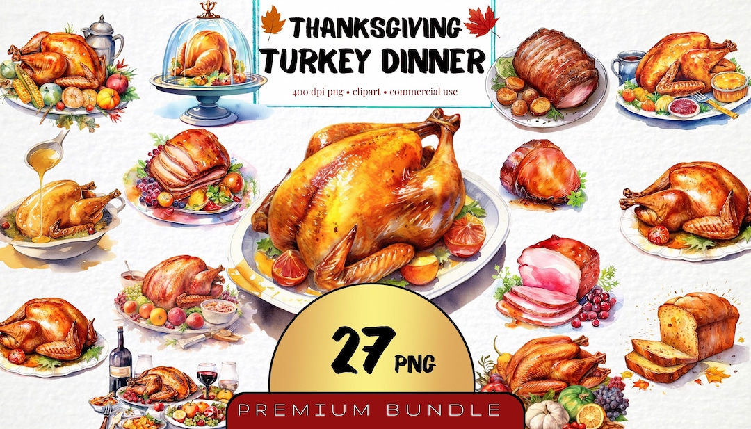 Watercolor Turkey Dinner Clipart, Set of 27, Thanksgiving Turkey & Ham ...