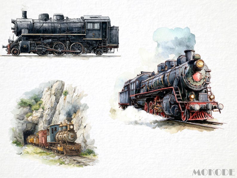 Watercolor Steam Train Clipart, Vintage Locomotives PNG (instant ...