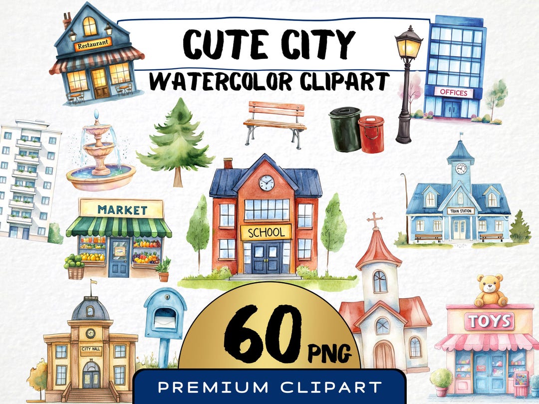 Cute City Clipart 60 Png, Watercolor School Building Graphics, House ...