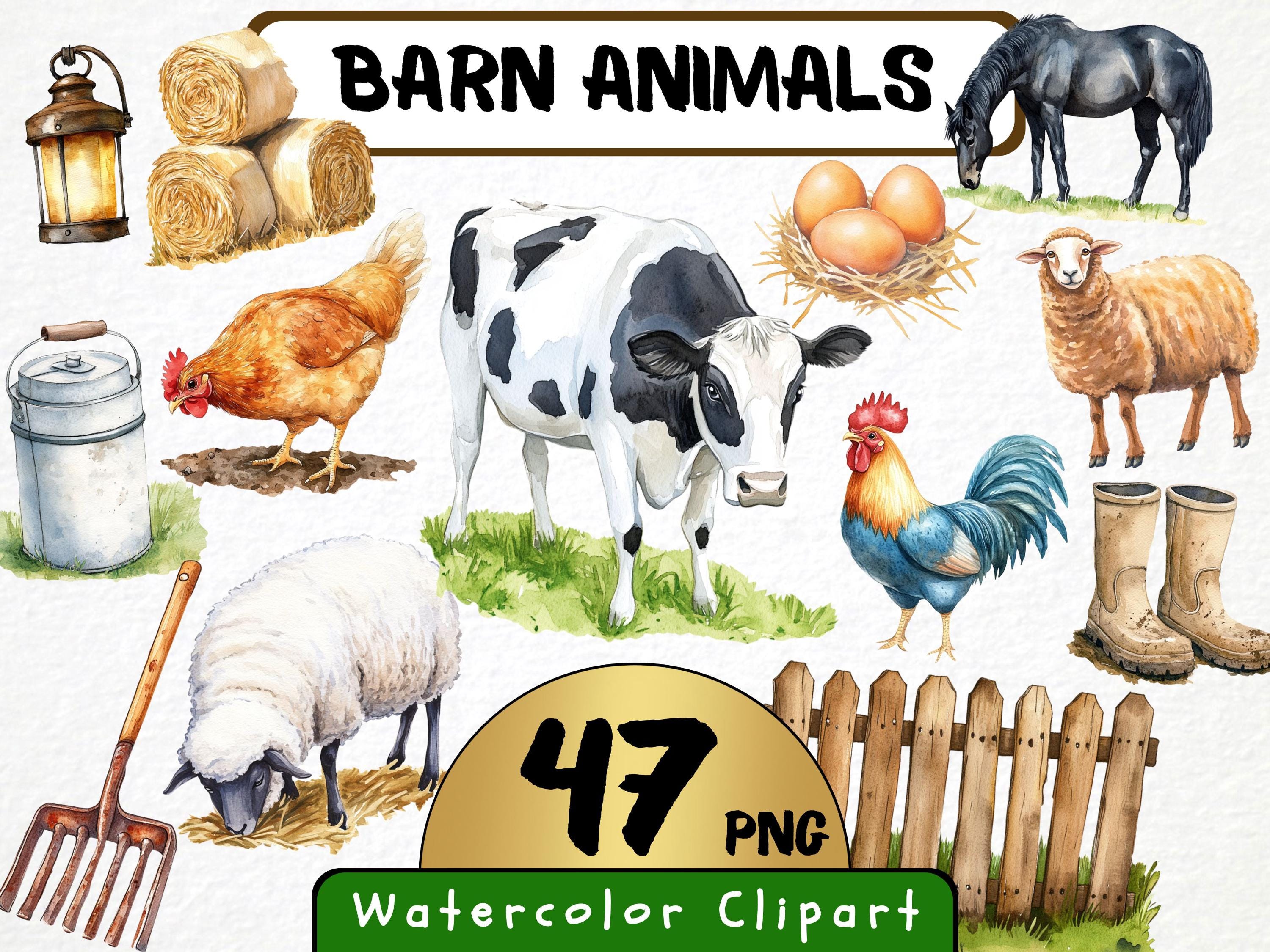 Watercolor Barn Animals Clipart, Farmhouse Illustration (digital ...