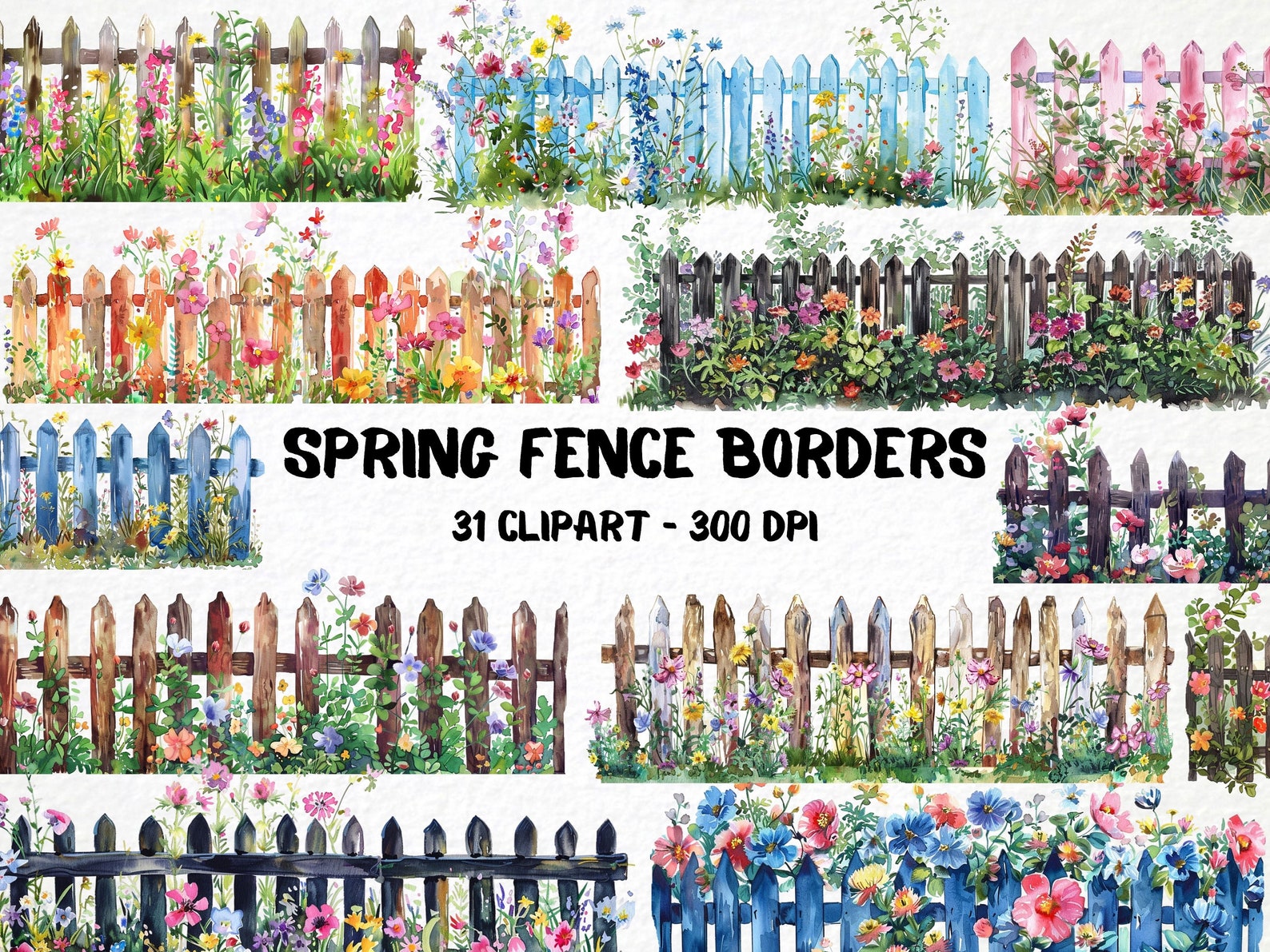 Watercolor Spring Fence Borders - 31 Clipart Bundle, DIY Floral Graphic ...