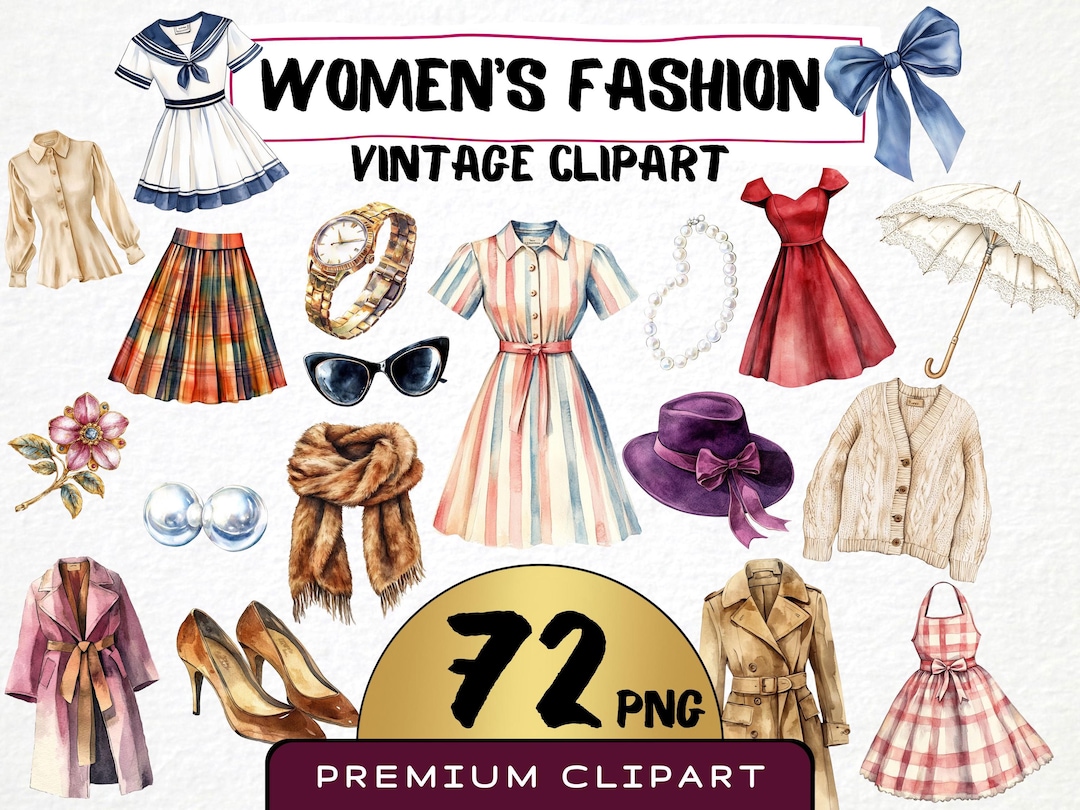 Women's Vintage Fashion Clipart 67 Png Watercolor Lady Wardrobe Clothes ...