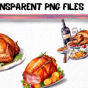 Watercolor Thanksgiving Turkey Dinner Clipart, Festive Food PNG (set of ...