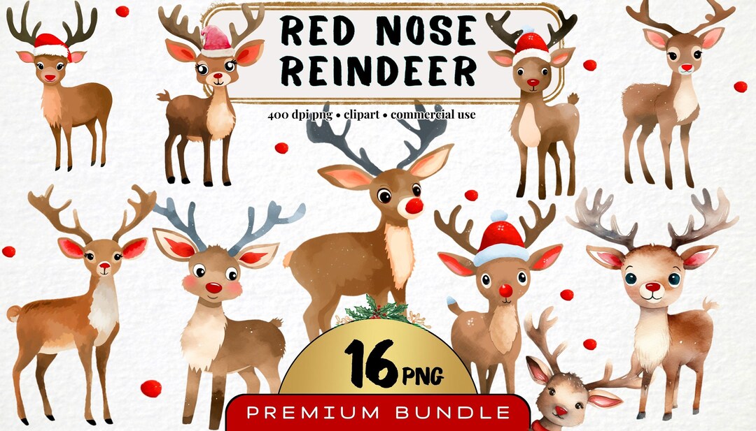 Cute Christmas Reindeer Clipart, Set of 16, Watercolor Reindeer Png ...