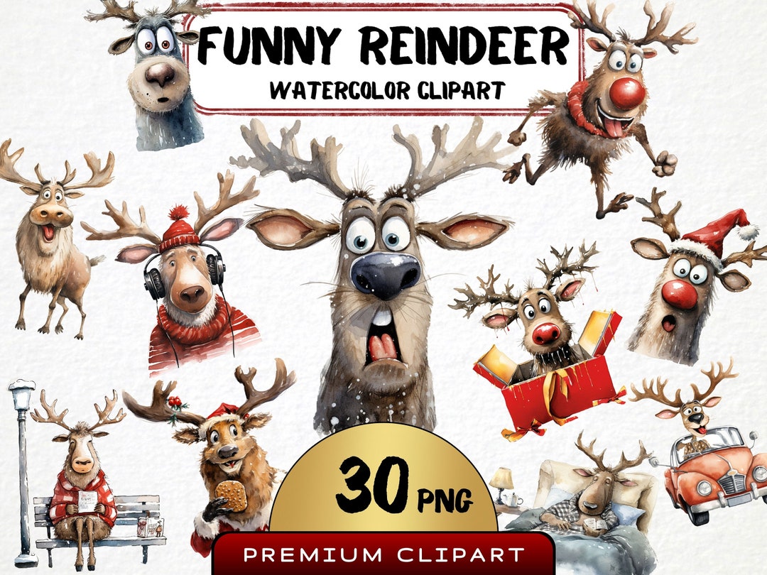 Funny Christmas Reindeer Clipart 30 Png, Festive Caricature Pets, Red ...