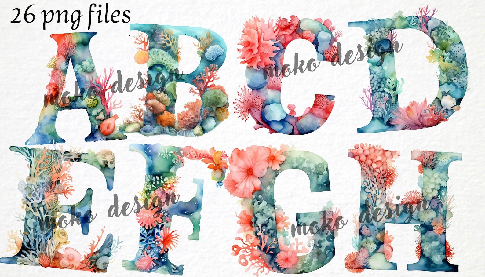 Watercolor Coral Reef Alphabet Clipart, Nautical Ocean Letters (digital ...