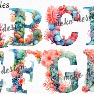 Watercolor Nautical Alphabet Clip Art Font Coral Reef Watercolor ...