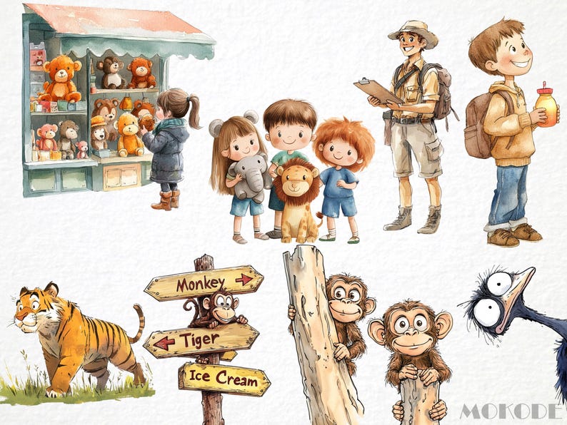 Watercolor Zoo Animals Clipart, School Trip Illustration (digital ...