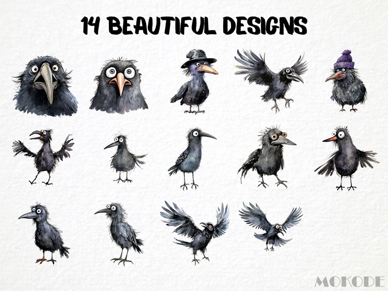 Funny Crows Watercolor Clipart, Caricature Birds (PNG Digital Prints ...