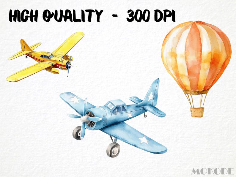 Watercolor Flying Vehicles Clipart, Airplane, Helicopter (digital ...
