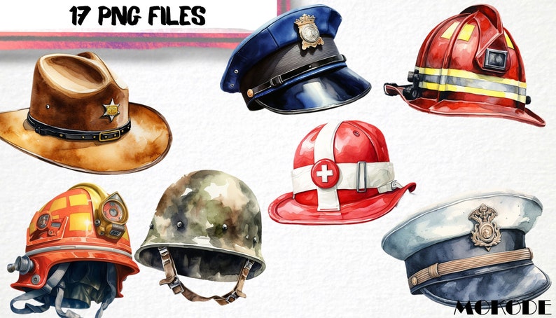 Service Hat Watercolor Clipart, Set of 17, First Responder Headgear ...