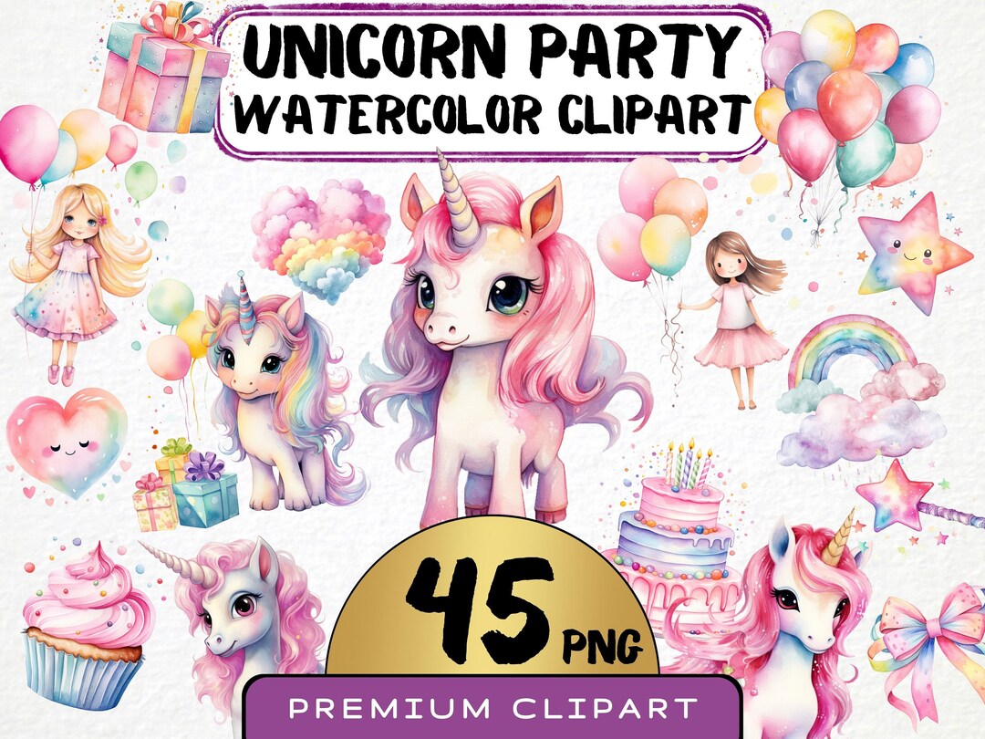 Watercolor Unicorn Party Clipart 45 Png Girl Birthday Decor Invitation ...